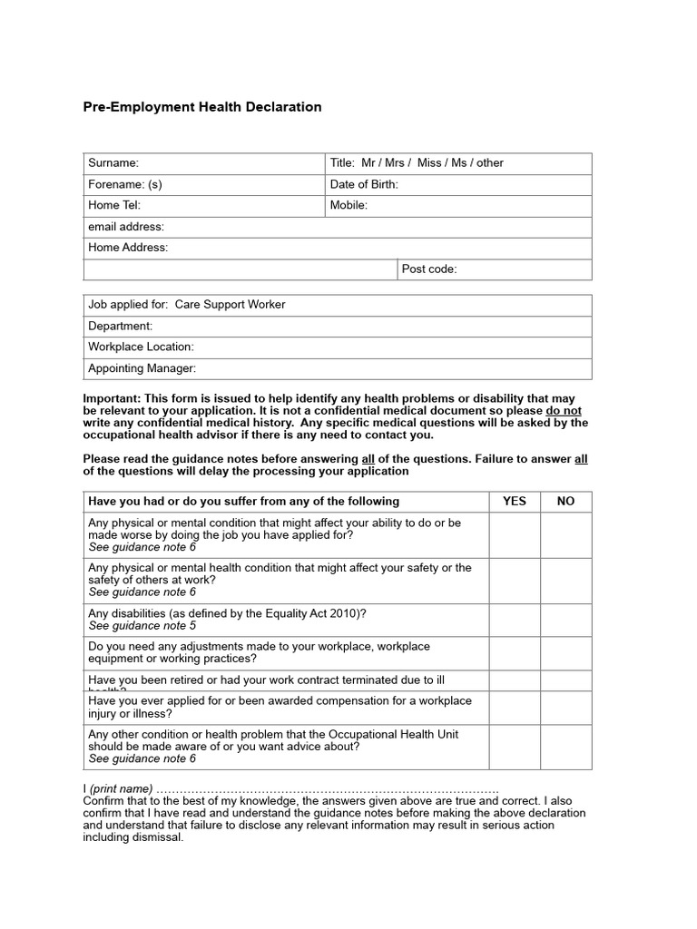 Pre Employment Health Declaration Form | PDF | Occupational Safety And Health | Employment