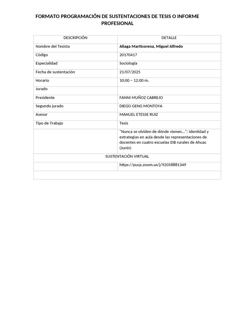 Formato Programación de Sustentación - Miguel Aliaga | PDF