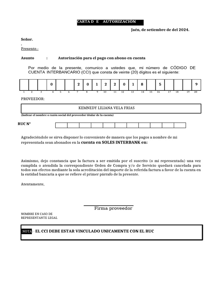 Autorización de Pago a Proveedor CCI | PDF