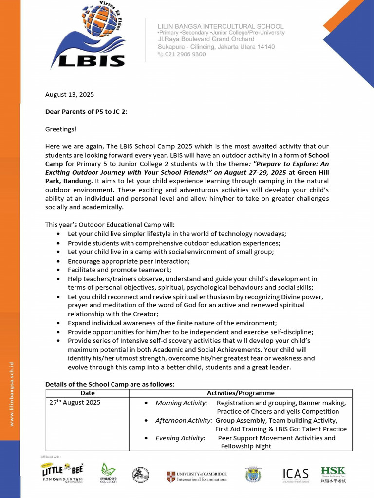 School Camp Letter 2025 (P5-JC2) | PDF