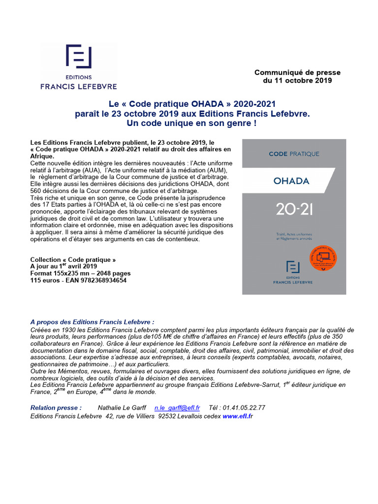 Code pratique OHADA 2020-2021 disponible | PDF | Justice | Crime et ...