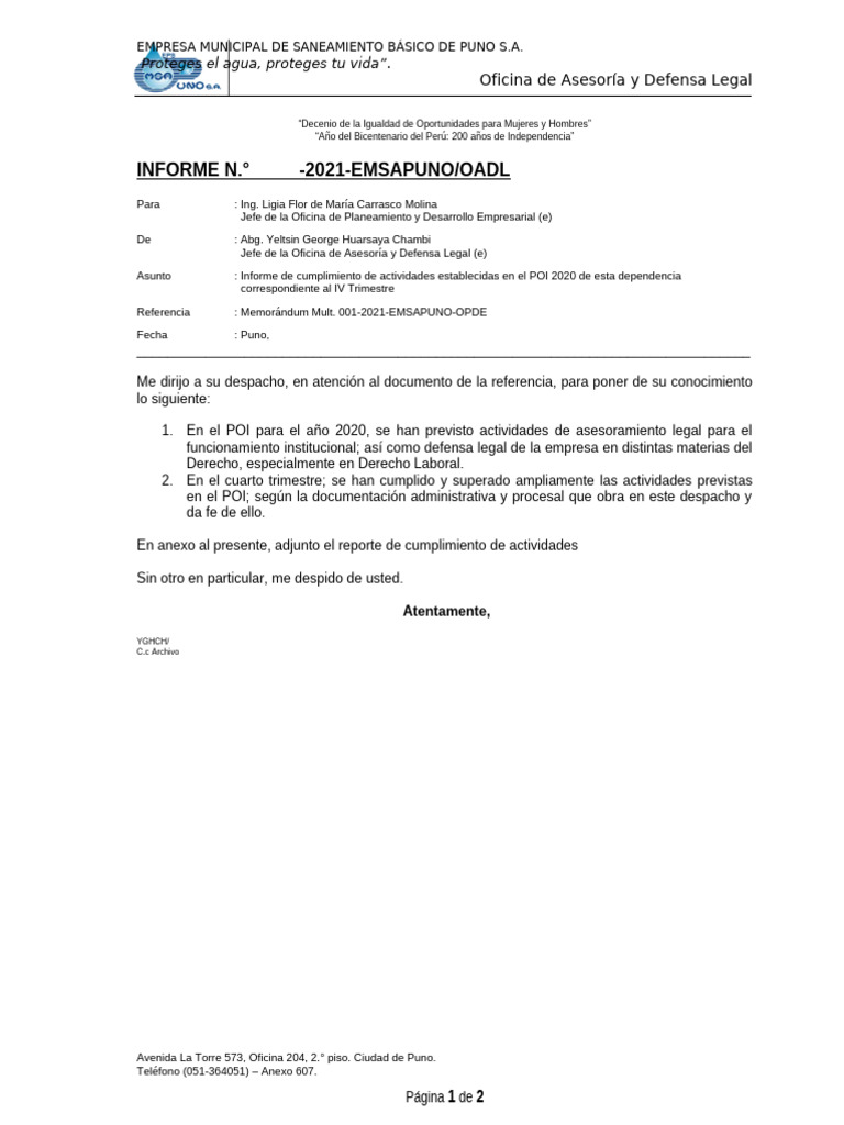Informe 04-2021 - OPDE - Informe de Cumplimiento POI IV Trimestre | PDF