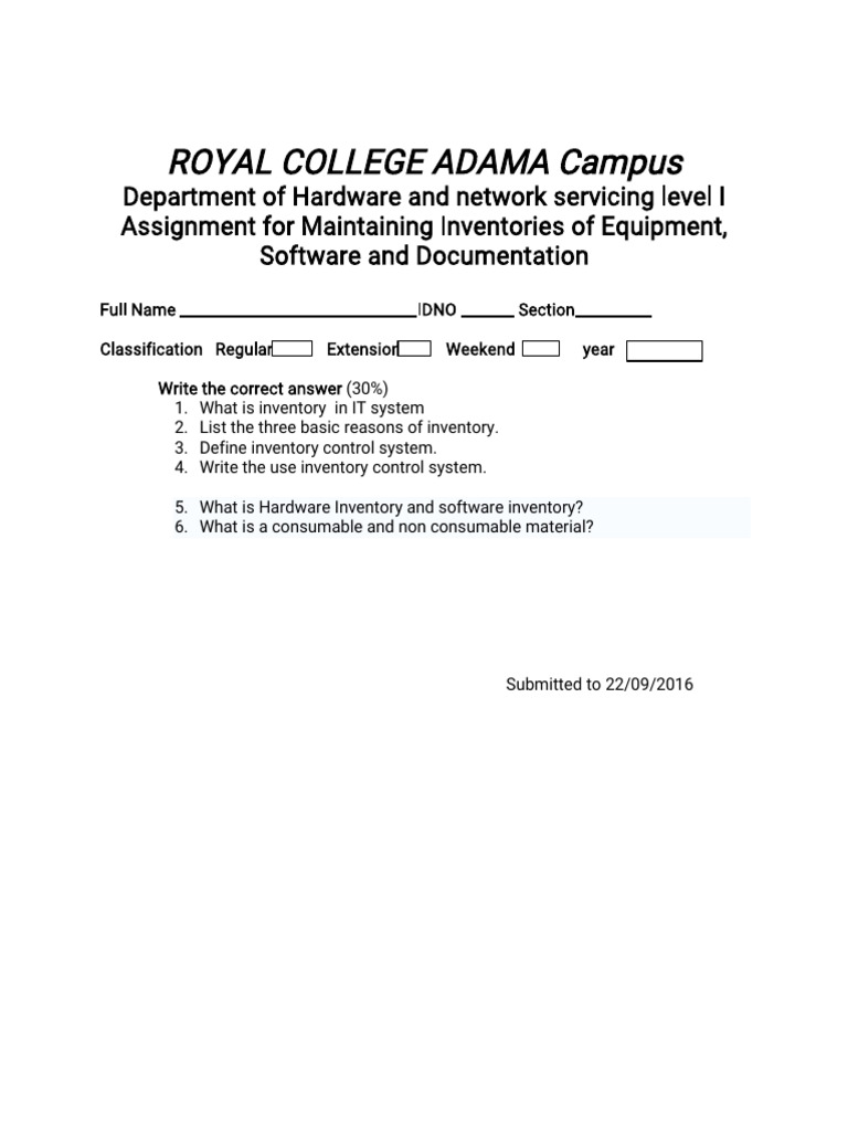 Assignment For Maintaining Inventories of Equipment, Software and | PDF