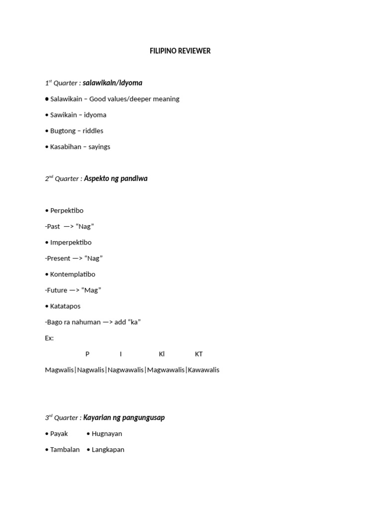 Filipino Reviewer Exam | PDF
