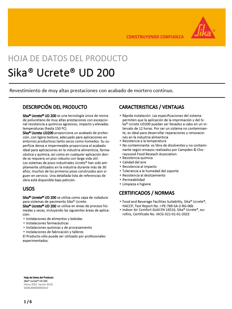 Sika Ucrete UD 200: Revestimiento Industrial | PDF | Hormigón | Agua