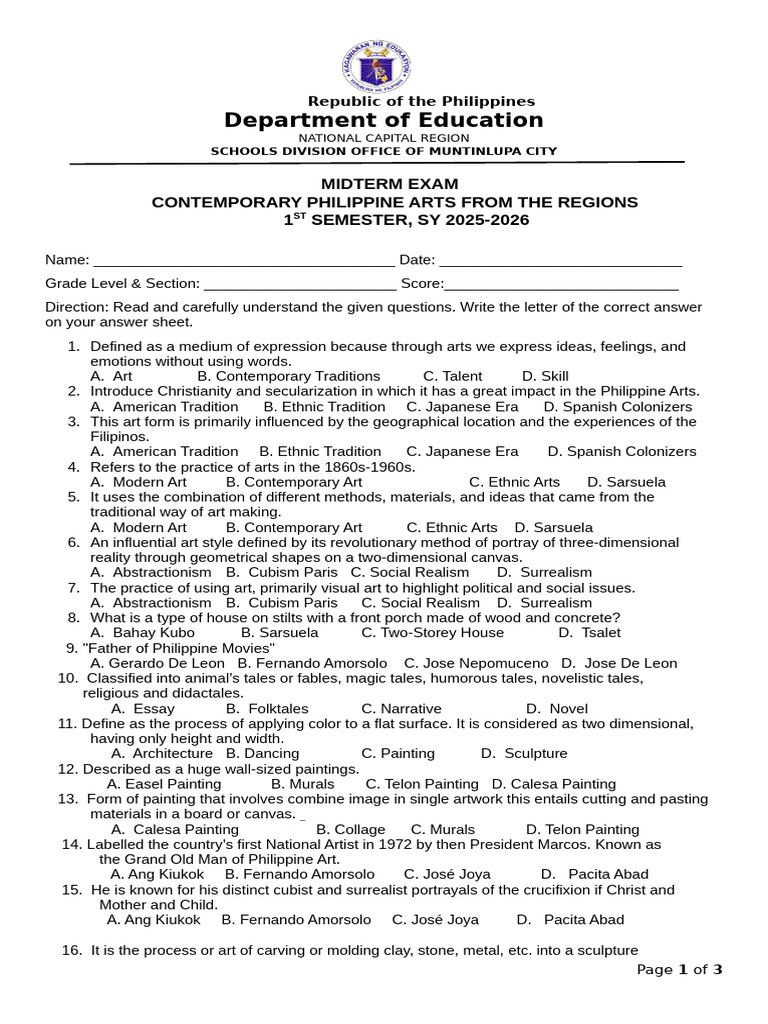 Cpar 1st Quarter Exam | PDF | Filmmaking | Paintings