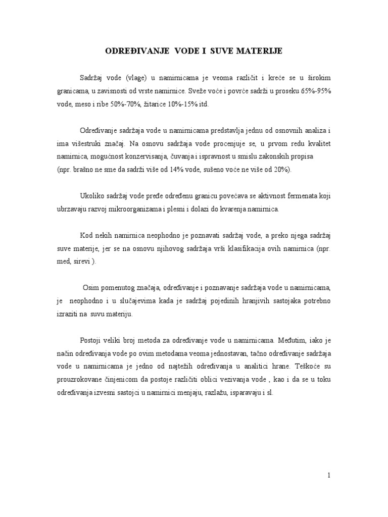 Odredjivanje Vode I Suve Materije | PDF
