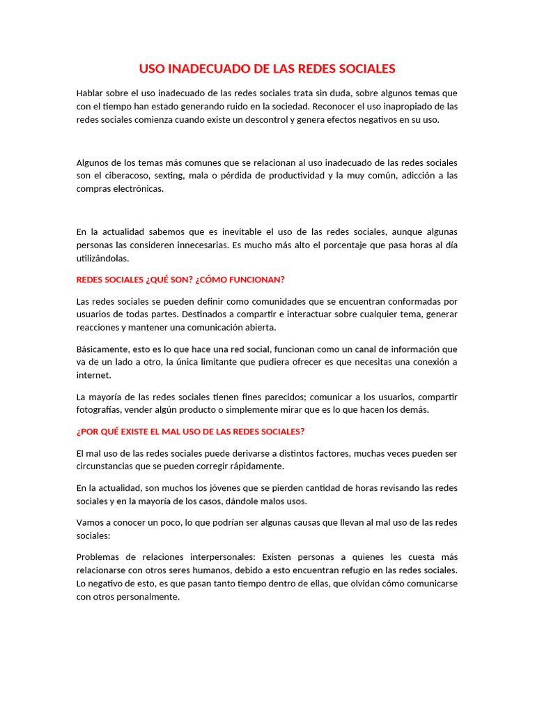 Uso Inadecuado de Las Redes Sociales | PDF | Acoso cibernético ...