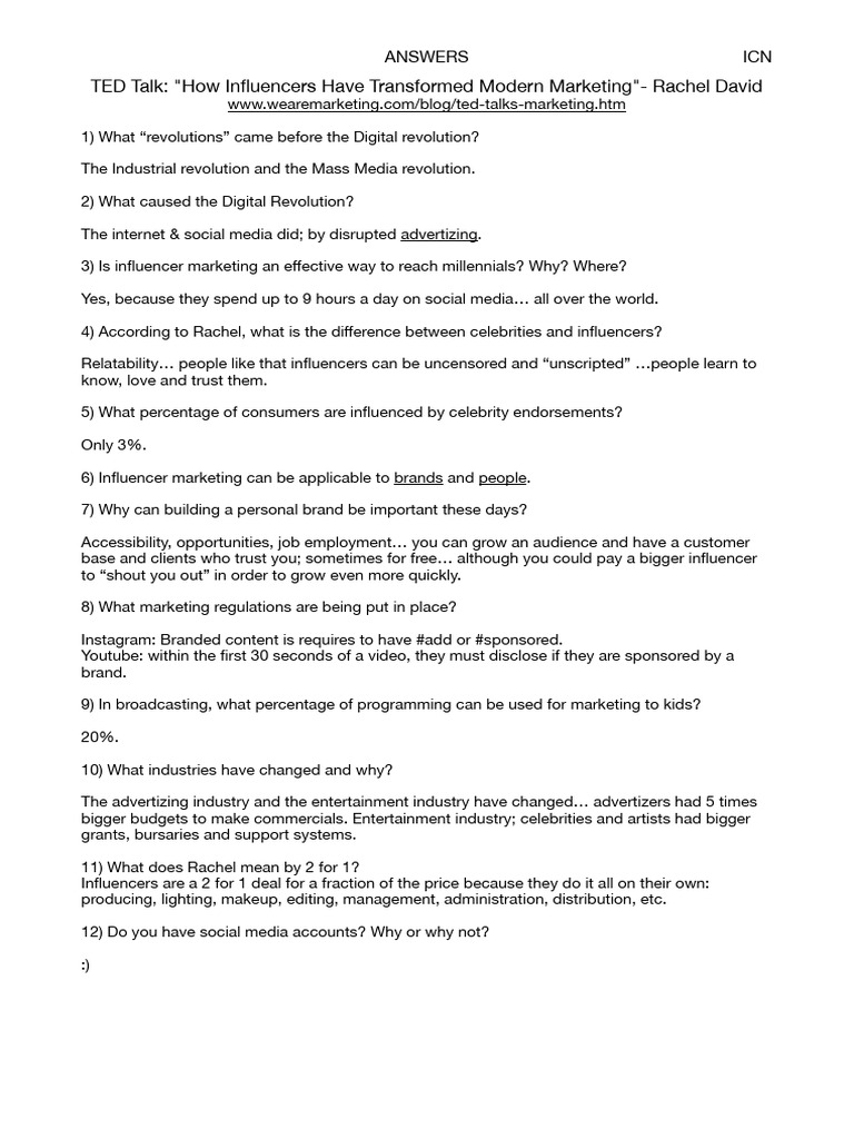 9.1 TED Talk Questions Social Media Presence ANSWERS | PDF
