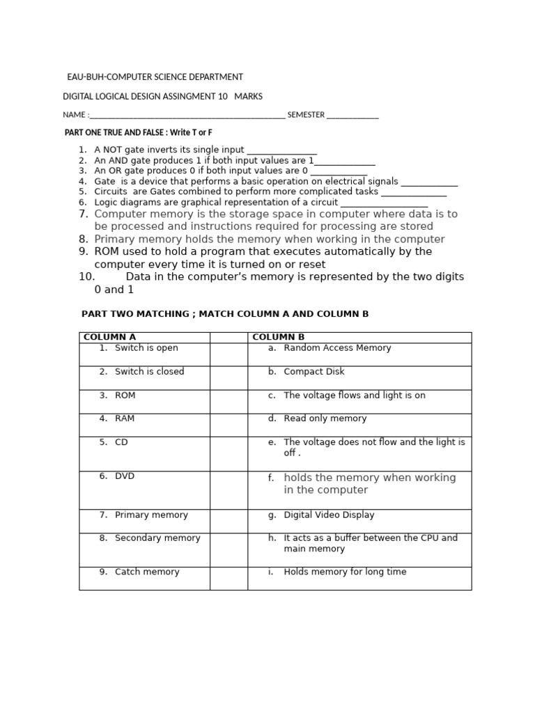 Digital Logical Design Assignment | PDF | Random Access Memory | Computer Data Storage