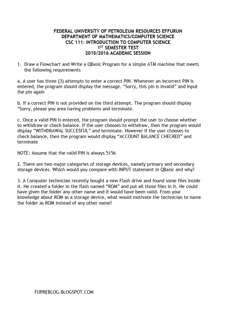 CSC 111 2015-2016 Test | PDF