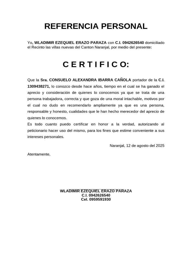 Certificación de Referencia Personal | PDF