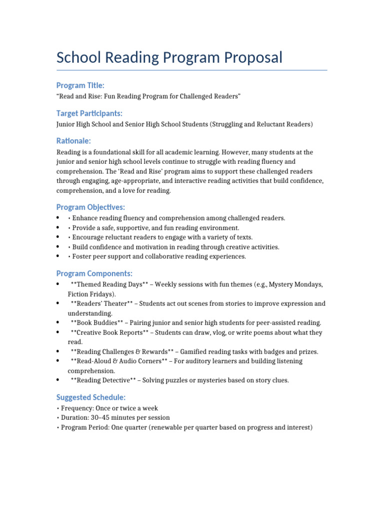 Read and Rise Reading Program Proposal | PDF