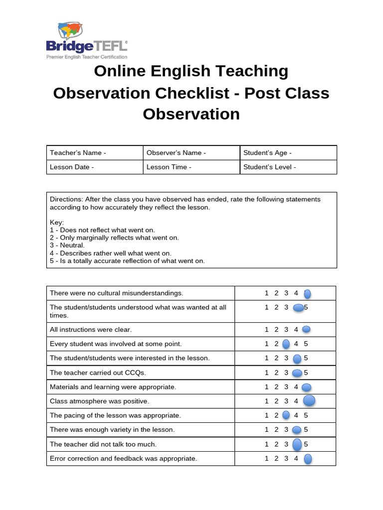 Practicum in Teaching English Online - Observation Checklist (Rubric) - Post Class | PDF ...