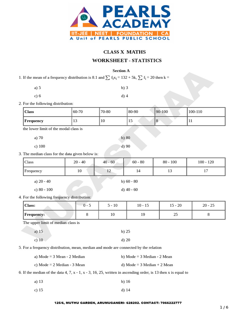 X Maths Worksheet 4 (Statistics) | PDF | Mode (Statistics) | Mean