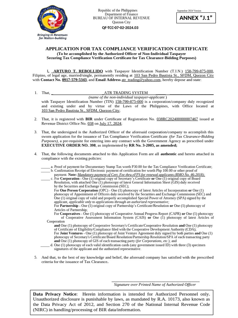 Application Form For Tax Compliance Verification Certificate (Non ...