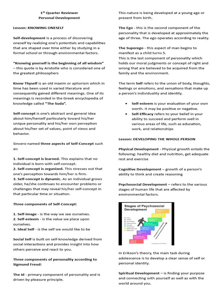 1st Quarter Reviewer in Perdev | PDF | Self Concept | Emotions