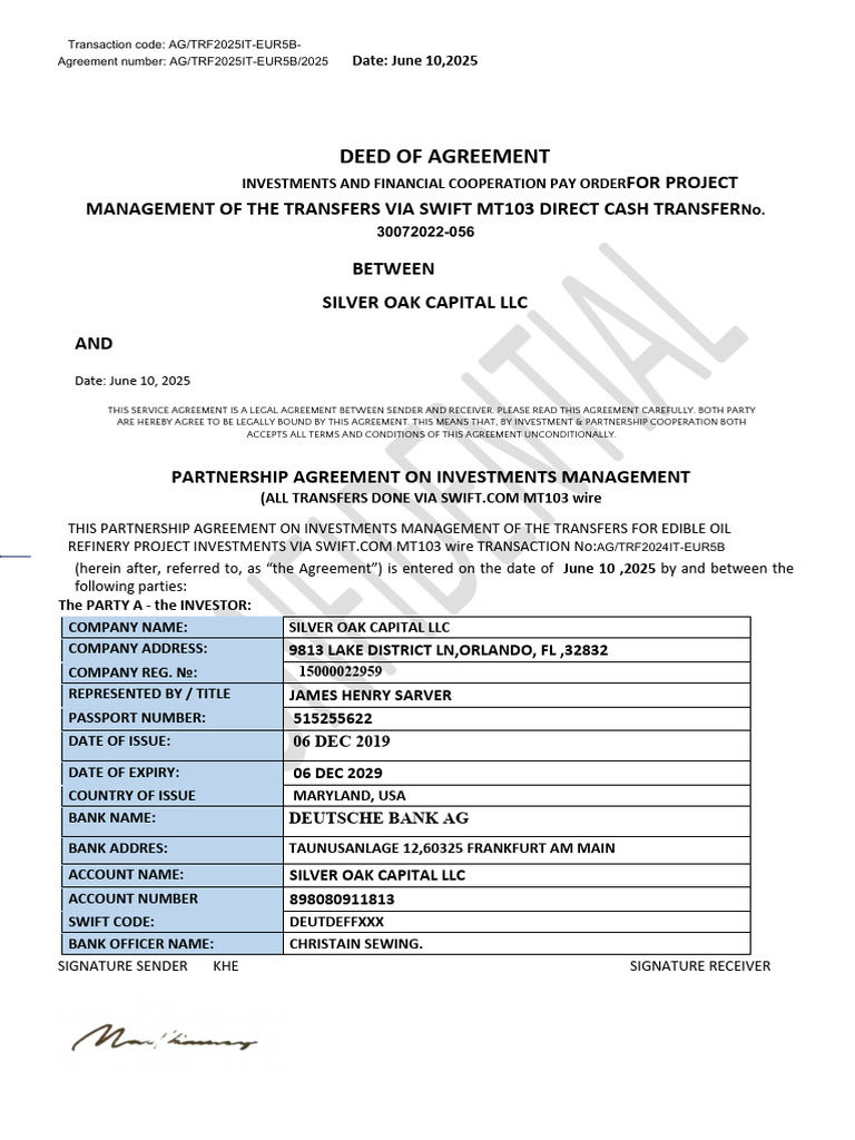 Contract Agreement MT103 Cash Transfer. 600M.1 | PDF | Arbitration ...