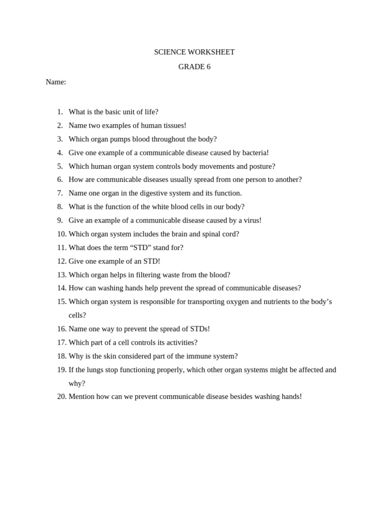 Grade 6 Science Worksheet: Human Body | PDF