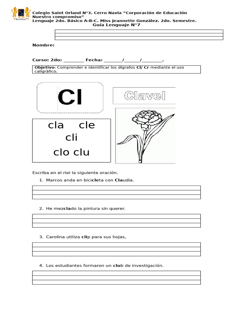 Dígrafos Cl, Cr, Gl, Gr, Tl, Tr en Lenguaje 2° Básico | PDF