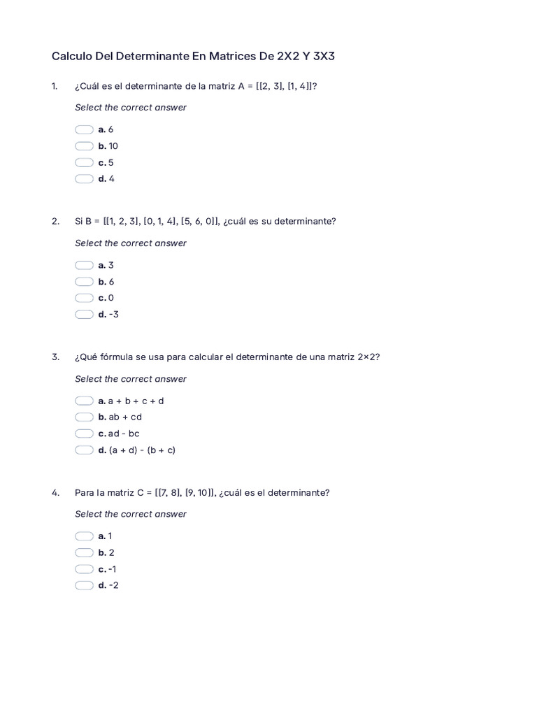 Calculo Del Determinante en Matrices de 2X2 Y 3X3 | PDF