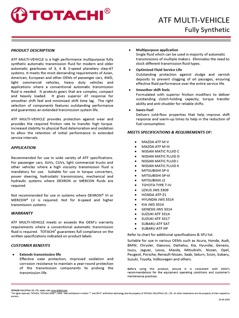 Multi-Vehicle ATF for Various OEMs | PDF | Automatic Transmission ...