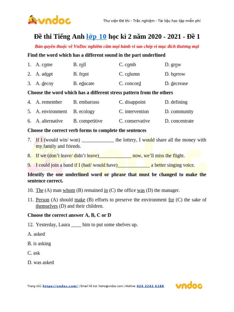 De Thi Tieng Anh Lop 10 Hoc Ki 2 Nam 2020 2021 de 1 | PDF | Natural ...