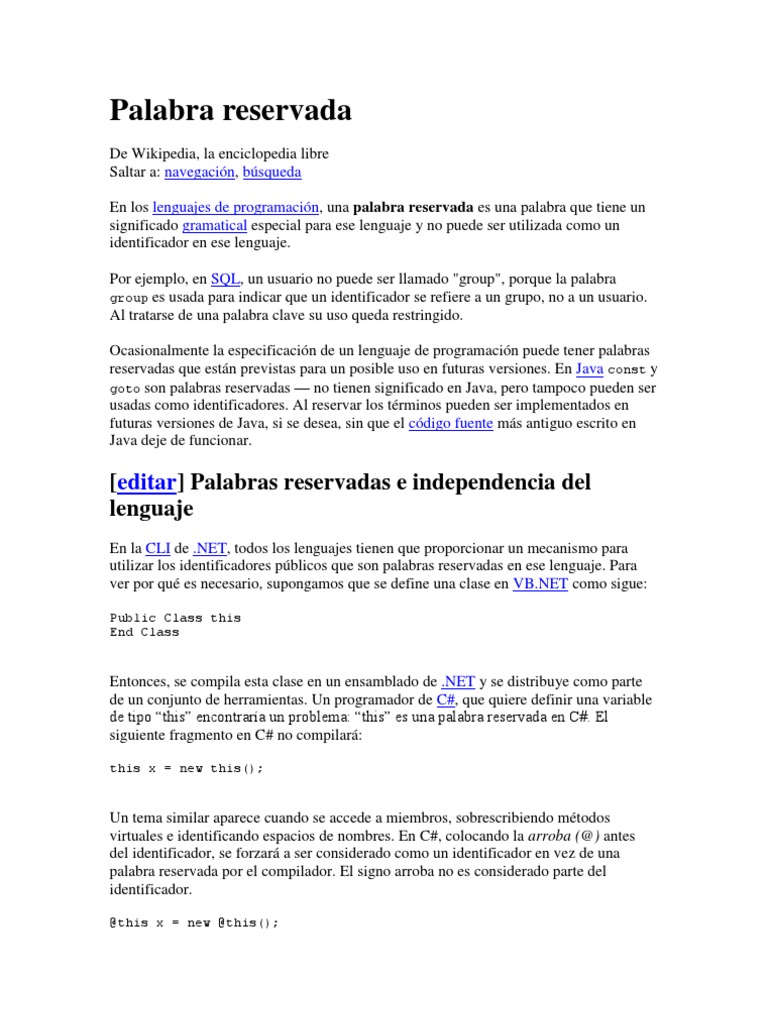 Palabra Reservada | PDF | Palabra reservada | Comunicación escrita