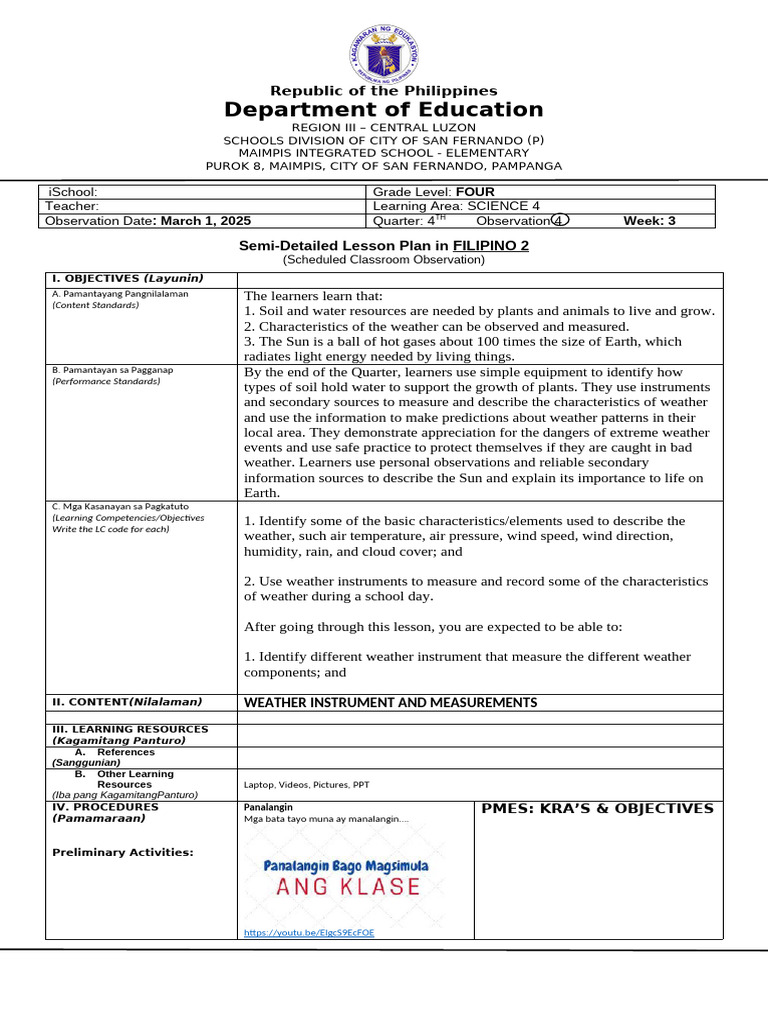 Semi-Detailed Lesson Plan: Weather Instruments | PDF | Differentiated ...