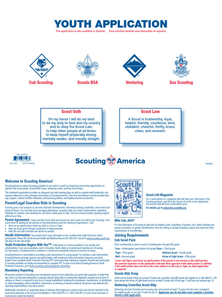 Youth Application: Scouts BSA Venturing Cub Scouting Sea Scouting | PDF ...