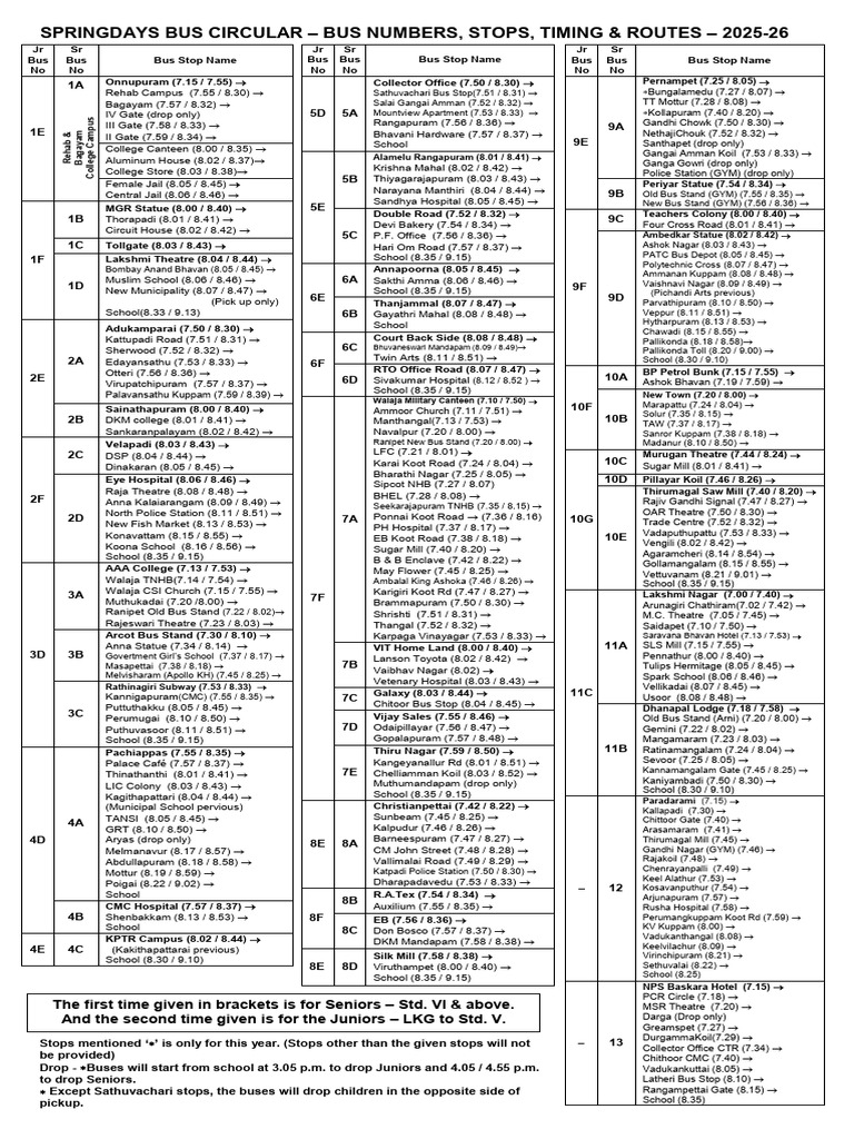 Final Bus Routes & Timings - 2025-26 | PDF | Transport | Public Transport