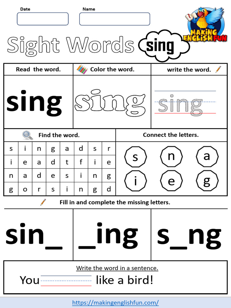FREE Grade 2 Dolch Sight Words Worksheets Sing | PDF