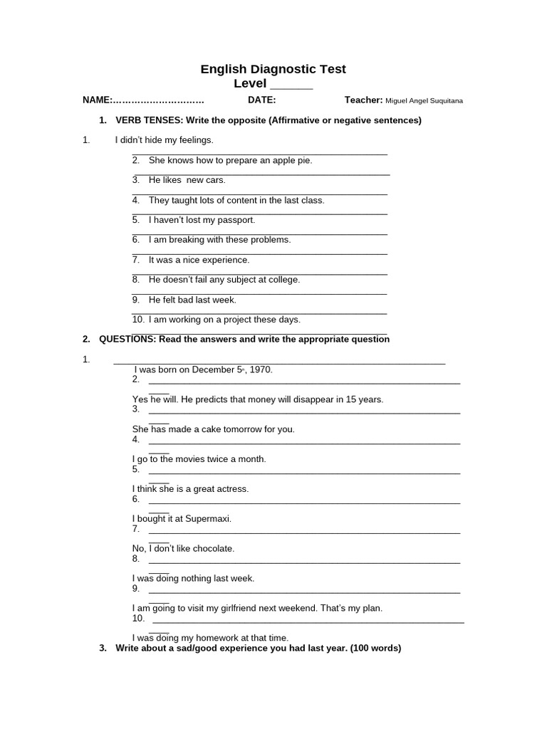 English Diagnostic Test for Students | PDF | Linguistic Morphology ...