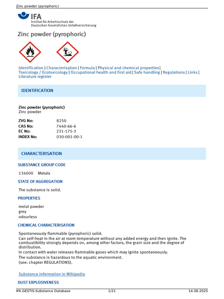 Pyrophoric Zinc Powder: Properties & Safety | PDF | Chlorine | Zinc