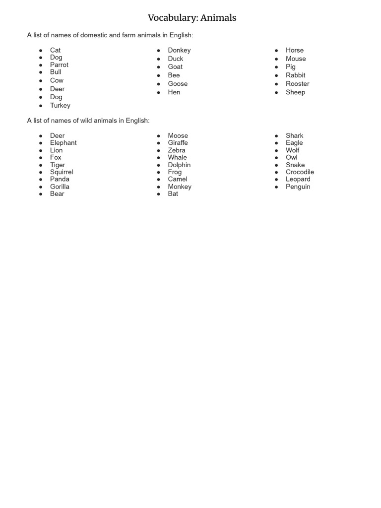 English Vocabulary: Animals List | PDF | Zoology