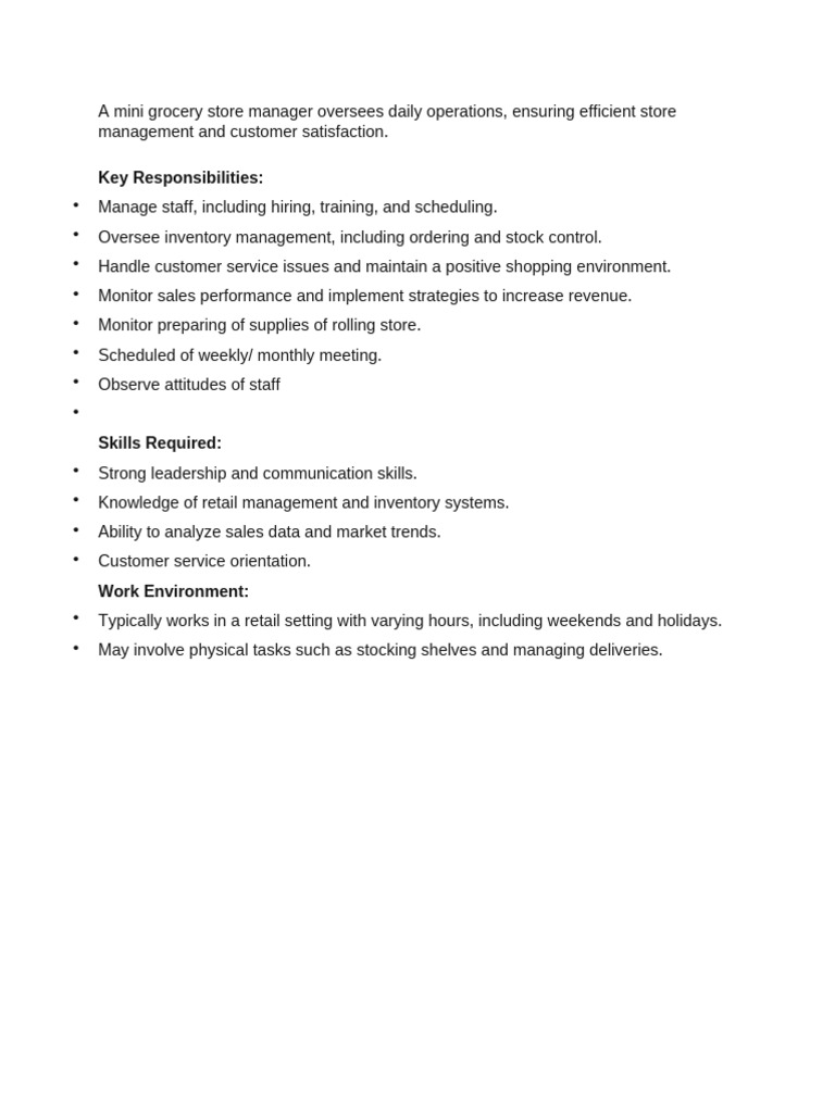 Grocery Store Manager Responsibilities | PDF