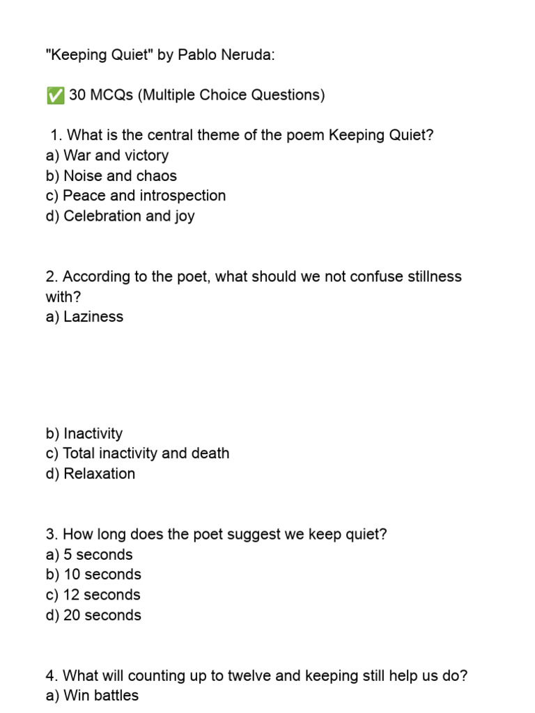 Understanding Neruda's "Keeping Quiet" | PDF | Silence | Peace