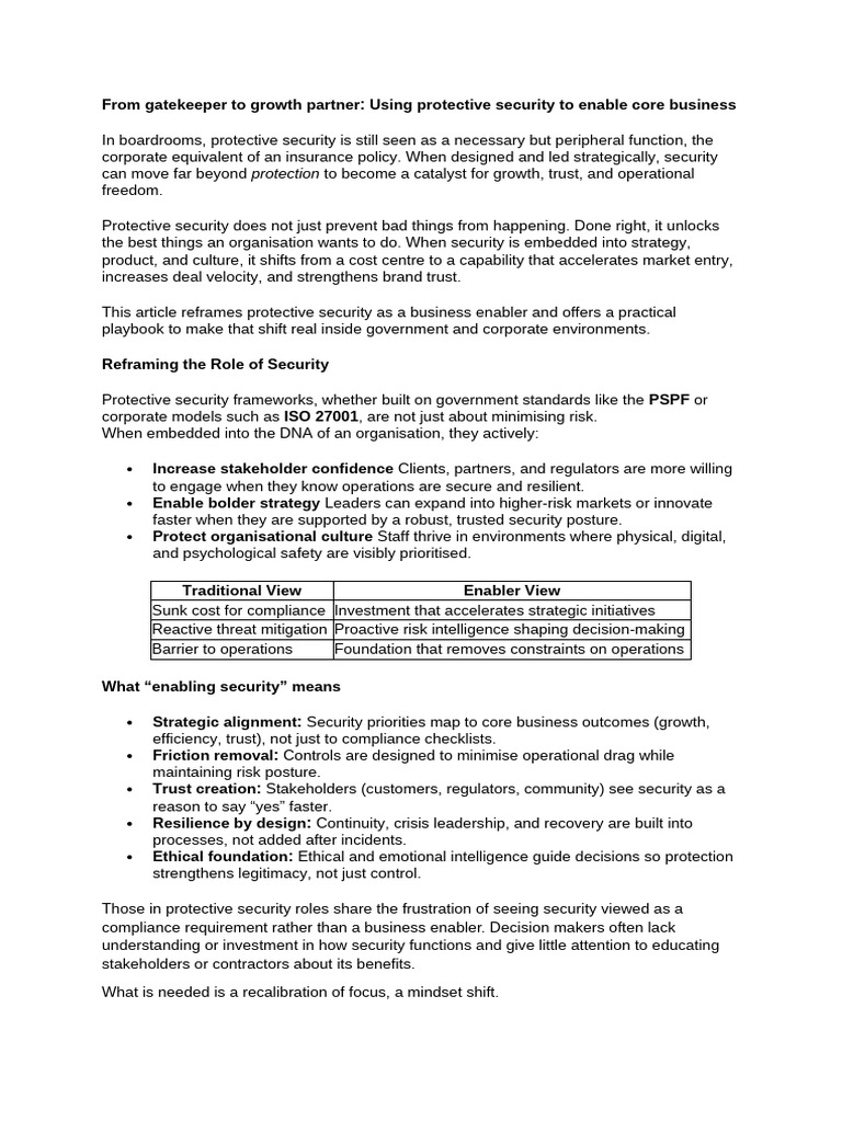From Gatekeeper To Growth Partner: Using Protective Security To Enable Core Business | PDF ...