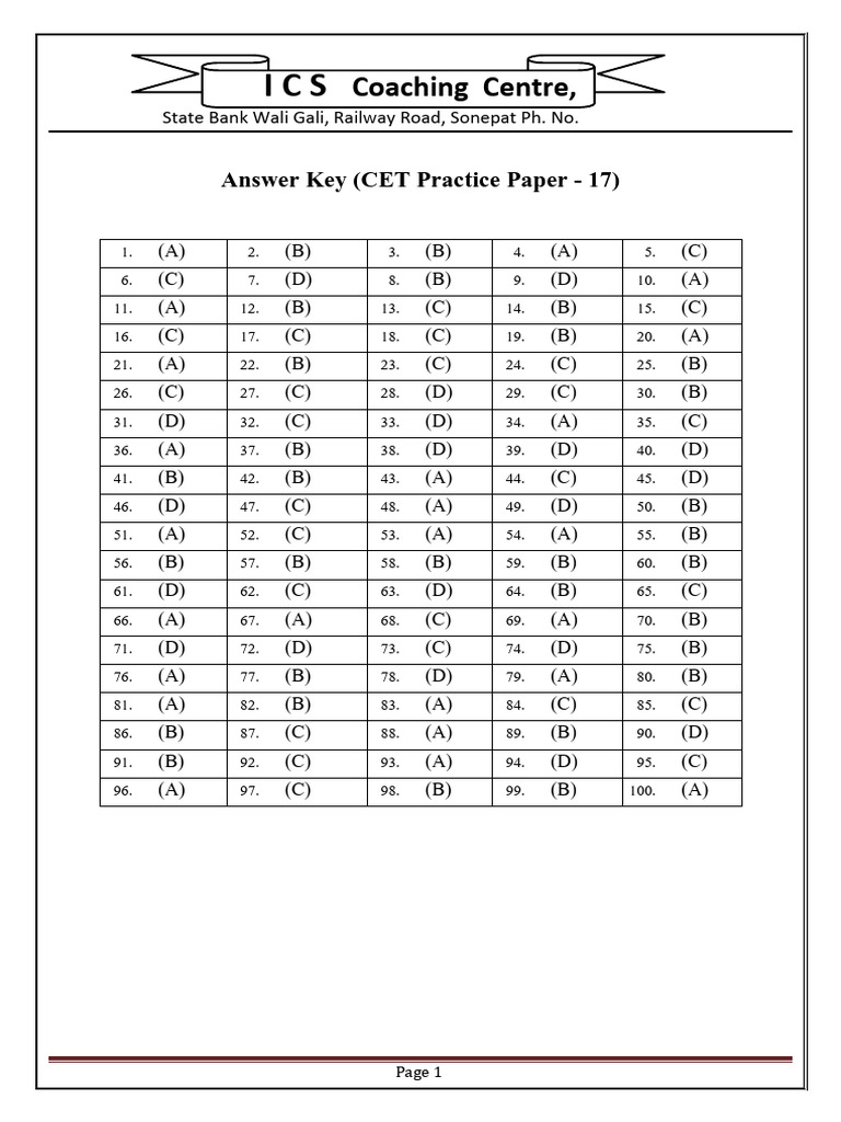 CET Practice Paper - 17 Ans Key | PDF