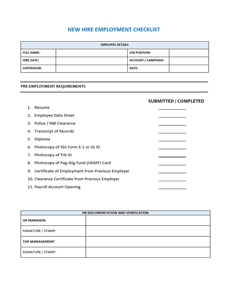 1 - New Hire Employment Checklist | PDF