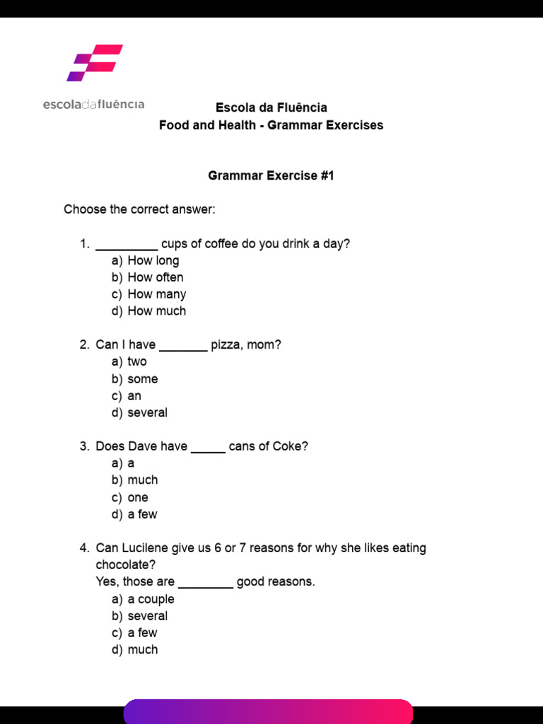 PDF Food and Health - Grammar and Fixation Exercises - 1734030562620 ...