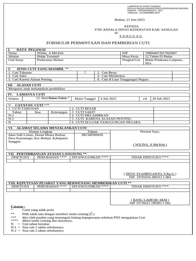 Formulir-Cuti-Pns-Sesuai-Perka-Bkn-Nomor-24-Tahun-2017-Cuti Staf | PDF