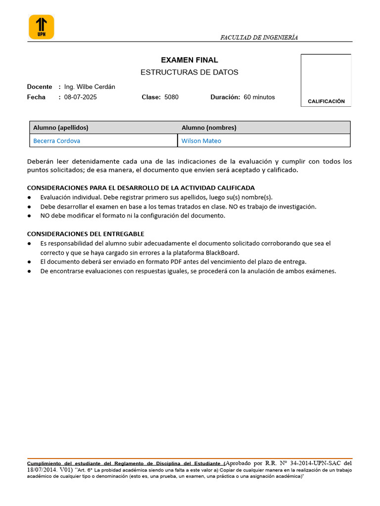 Examen Final Estructuras de Datos 2025 | PDF | Algoritmos y Estructuras ...