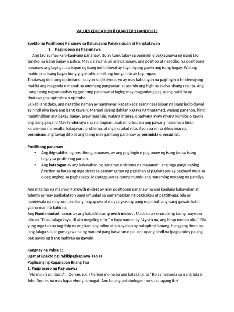 Values Education 8 Quarter 1 Handouts | PDF