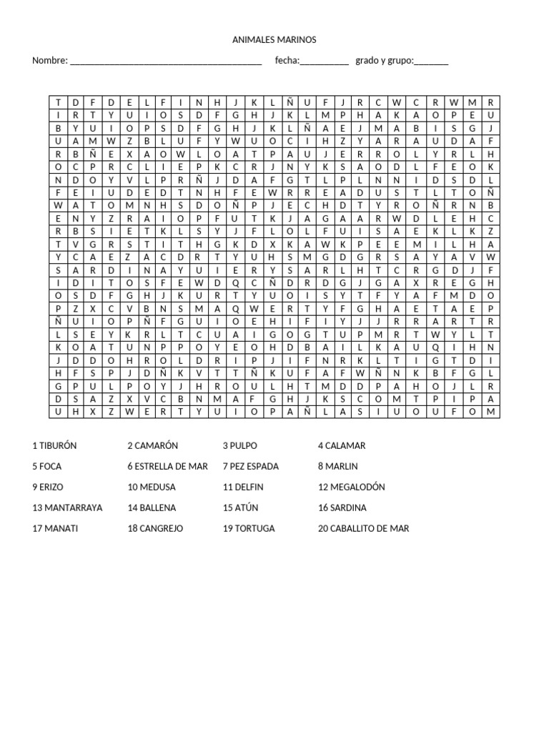 Sopa Letras Animales Marinos | PDF | Zoología | Pescado