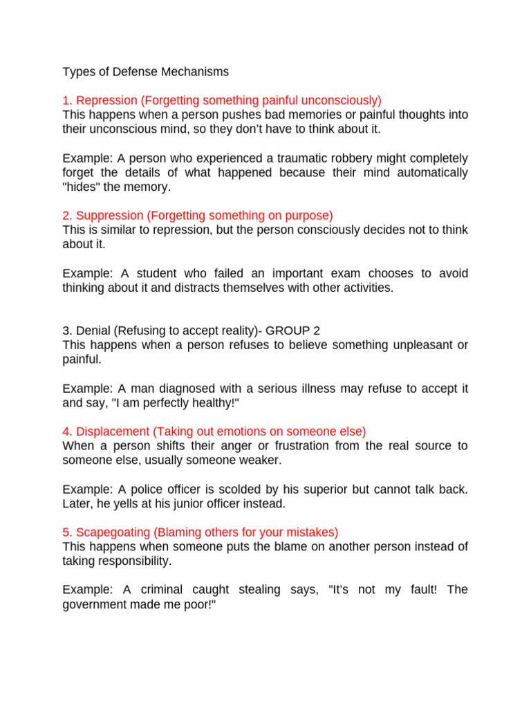 Types of Defense Mechanisms | PDF | Feeling | Thought