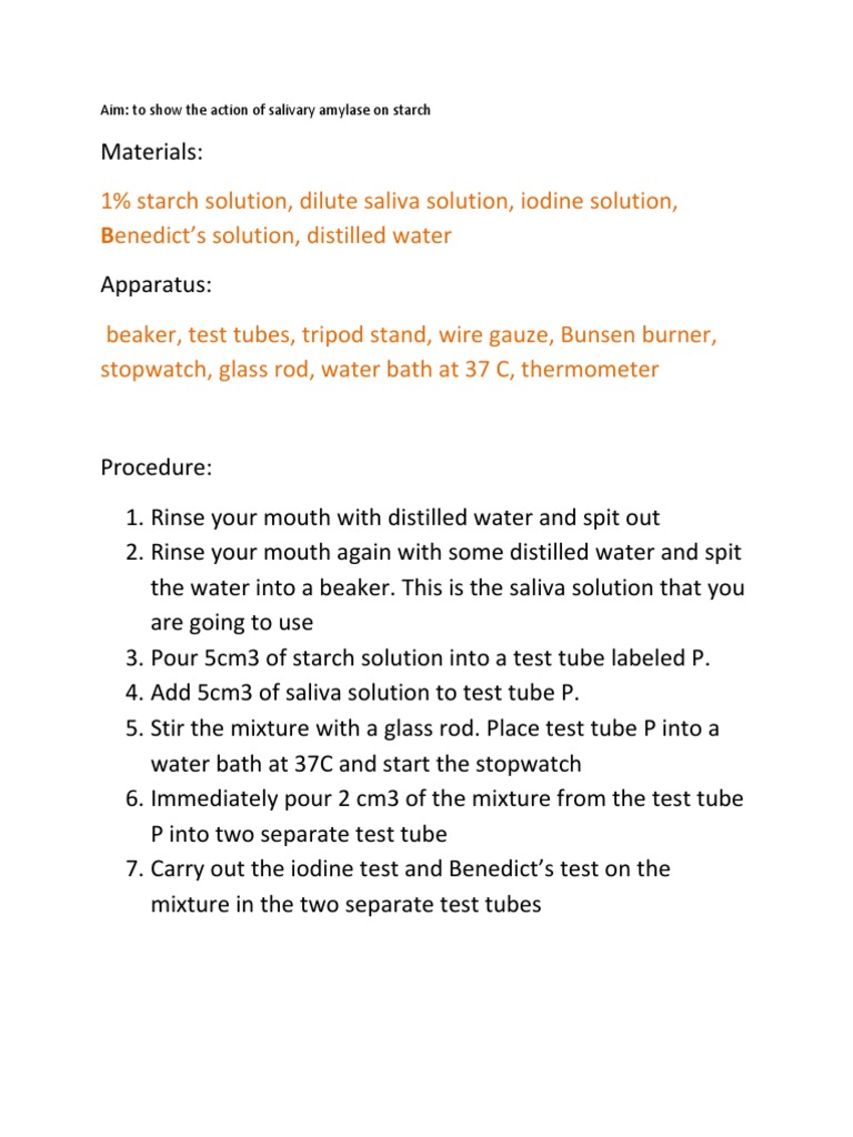 1% Starch Solution, Dilute Saliva Solution, Iodine Solution | PDF