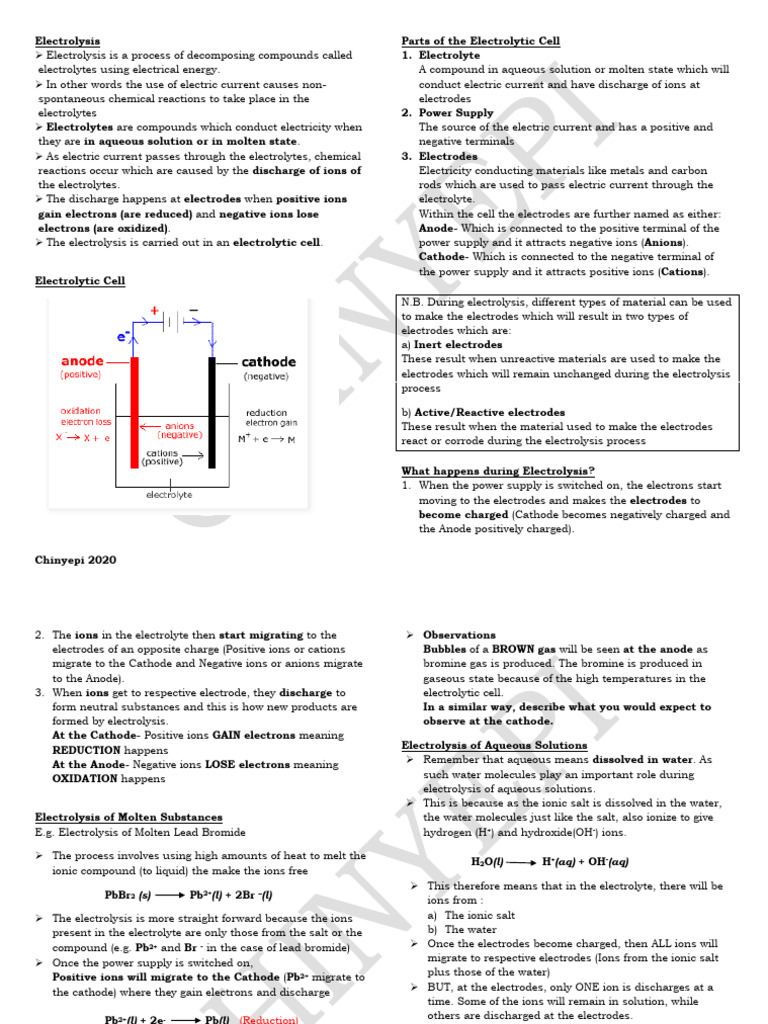 Electrolysis-1 Chemistry | PDF | Ion | Electrolyte