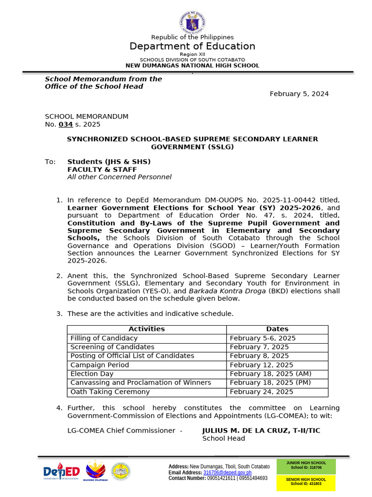 SSLG Elections Memo for SY 2025-2026 | PDF | Government | School Types