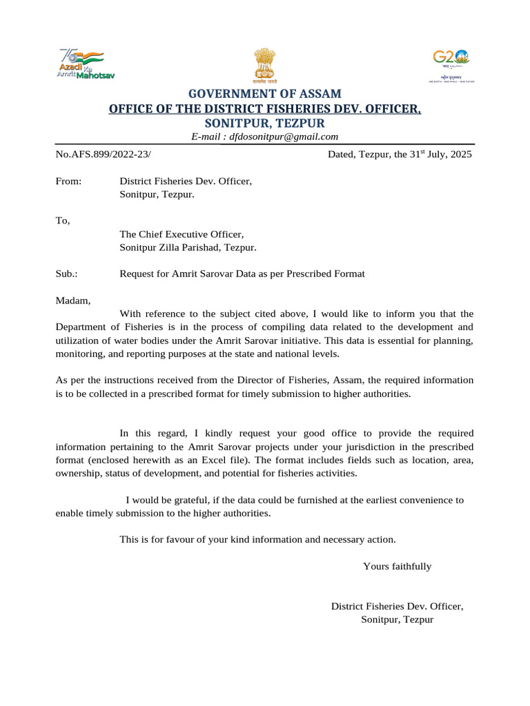 Forwarding Request For Amrit Sarovar Data As Per Prescribed Format | PDF
